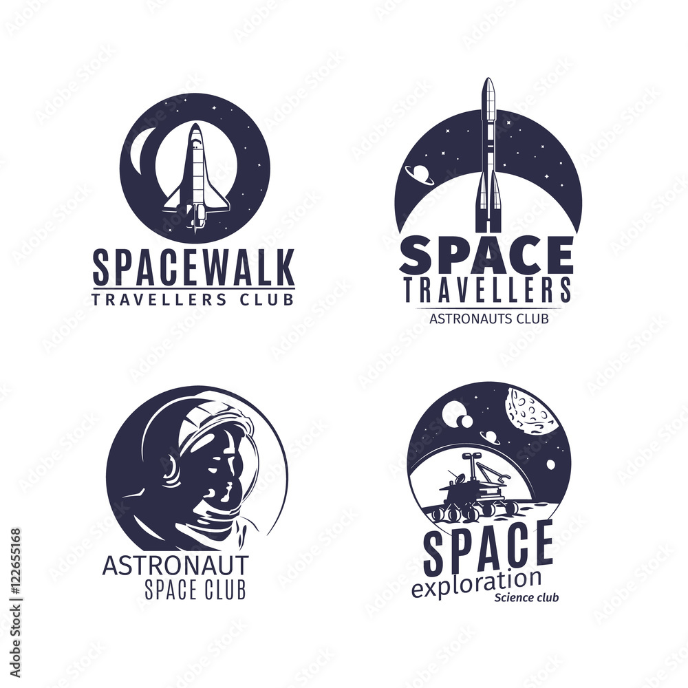 Space logo set in retro style. Vintage astronautics labels and badges ...