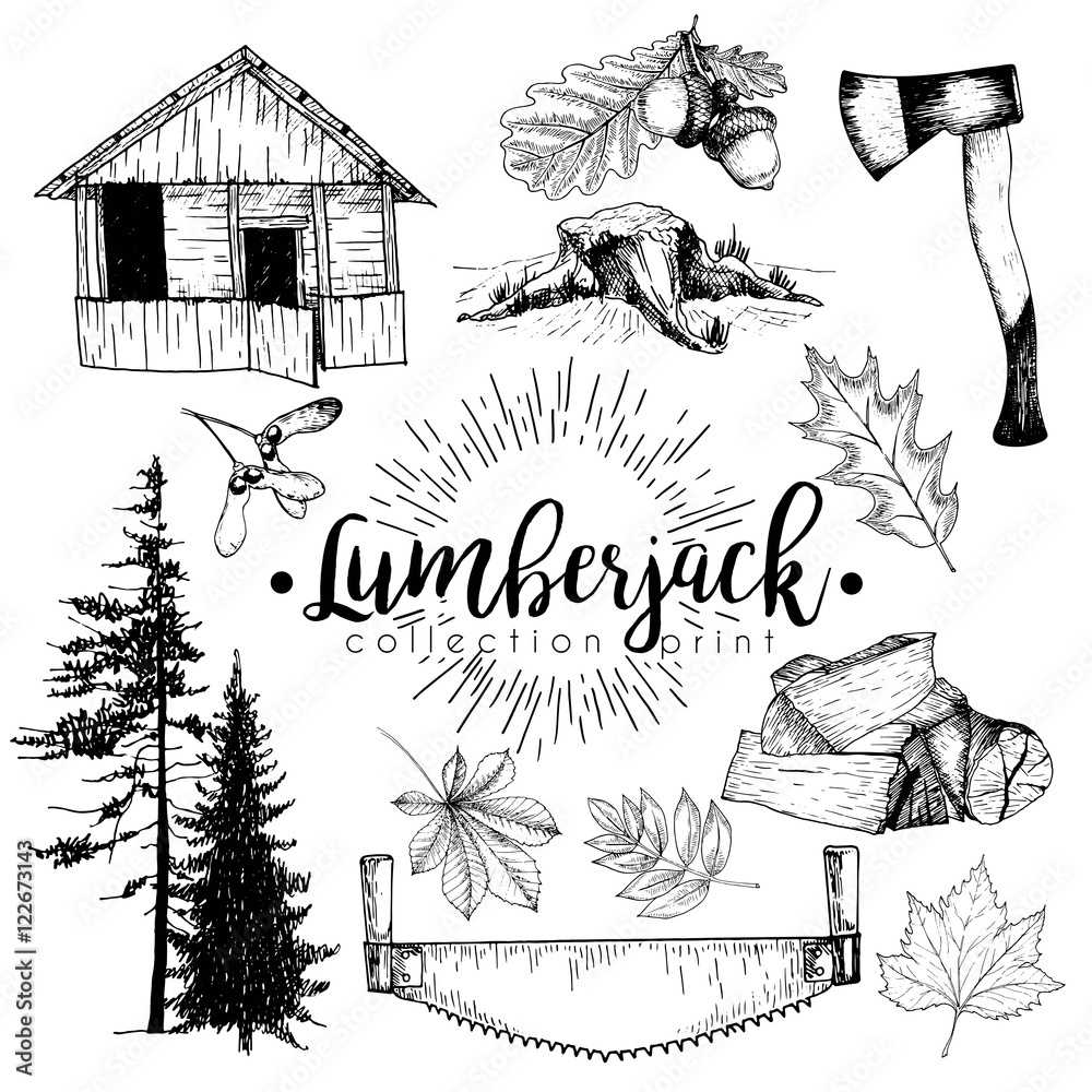 Vectro set of timber print collection. Cozy cabin, stamp, axe, pine ...