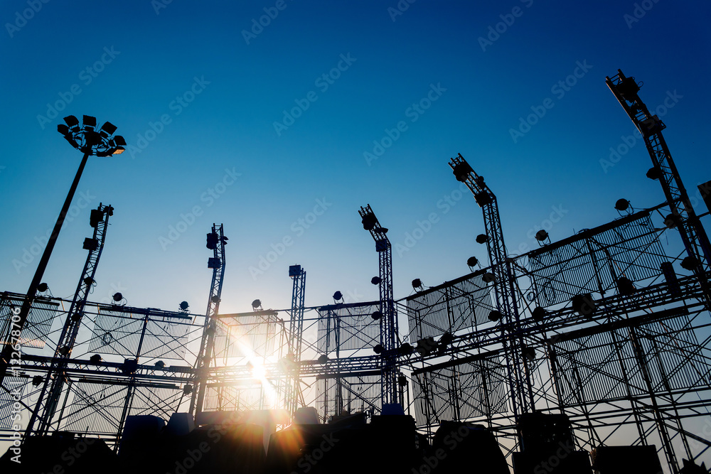 Music stage equipment for a concert outdoor background blue sky Stock ...