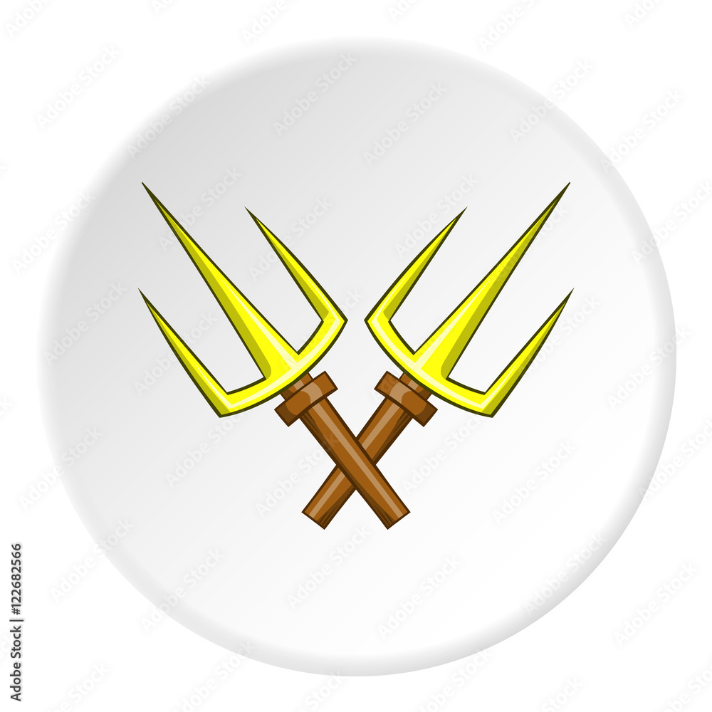 Crossed tridents icon in cartoon style isolated on white circle ...