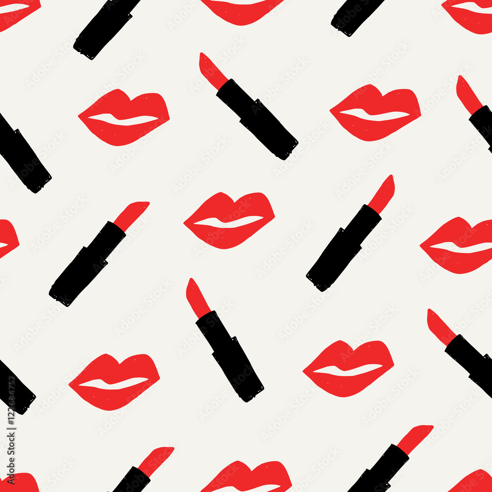 Seamless pattern with hand drawn lips and lipsticks in red and black on ...