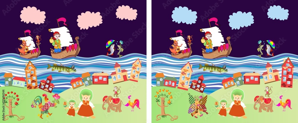 Find differences in fairy land with different animals. Cute cartoon ...