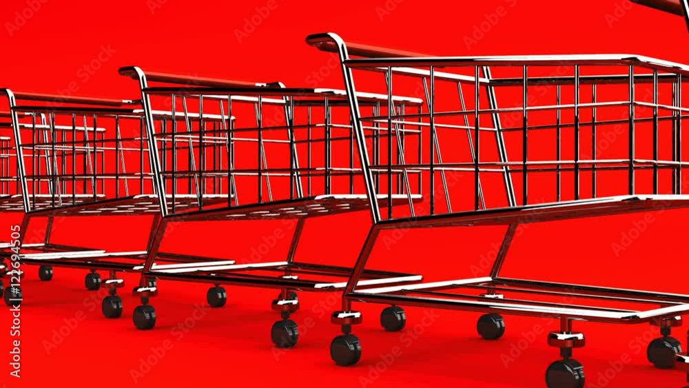 Many Shopping Carts On Red Background. Loop able 3DCG render Animation ...