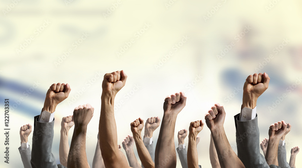 Group of people with raised hands . Mixed media Stock Photo | Adobe Stock