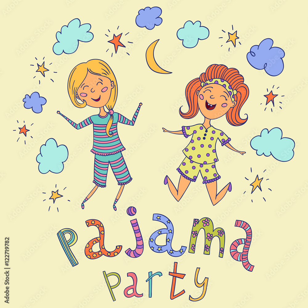 Pajama party. Funny kids and hand drawn lettering with stars, crescent ...