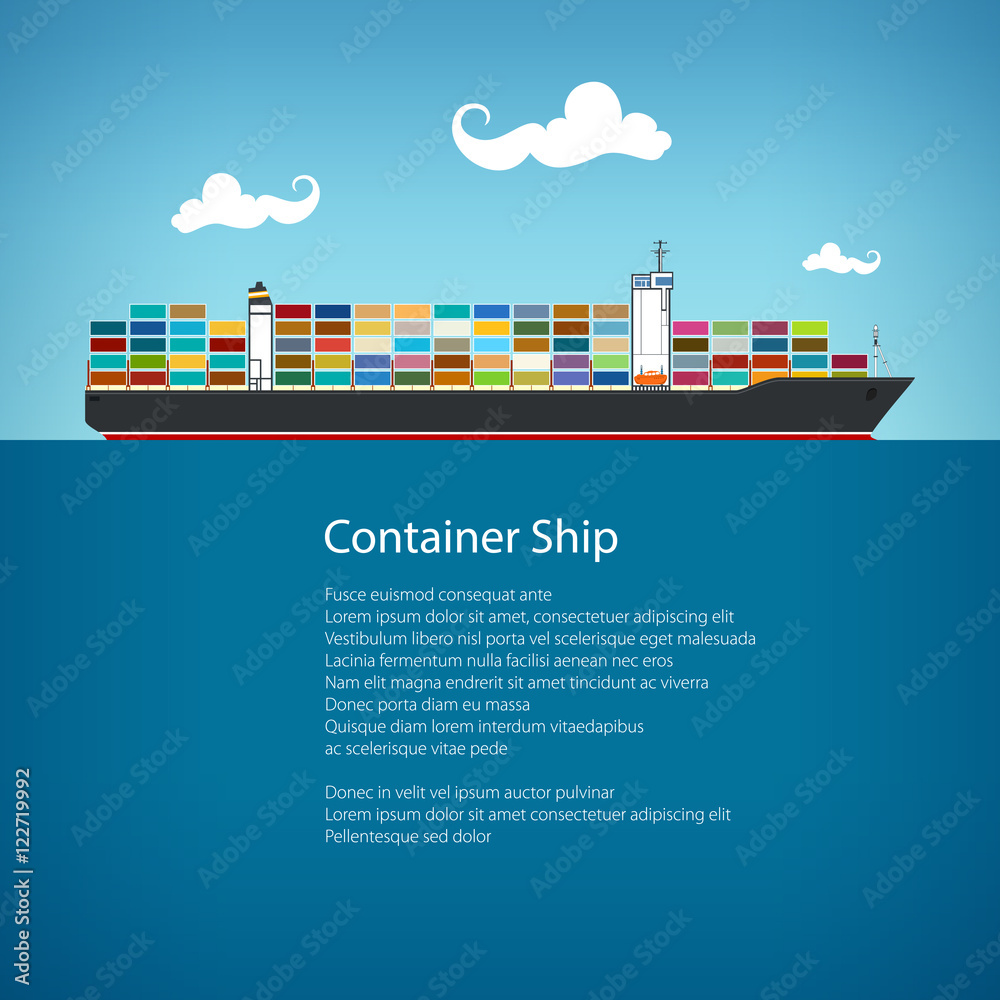Cargo Container Ship and Text, Industrial Marine Vessel with Containers ...