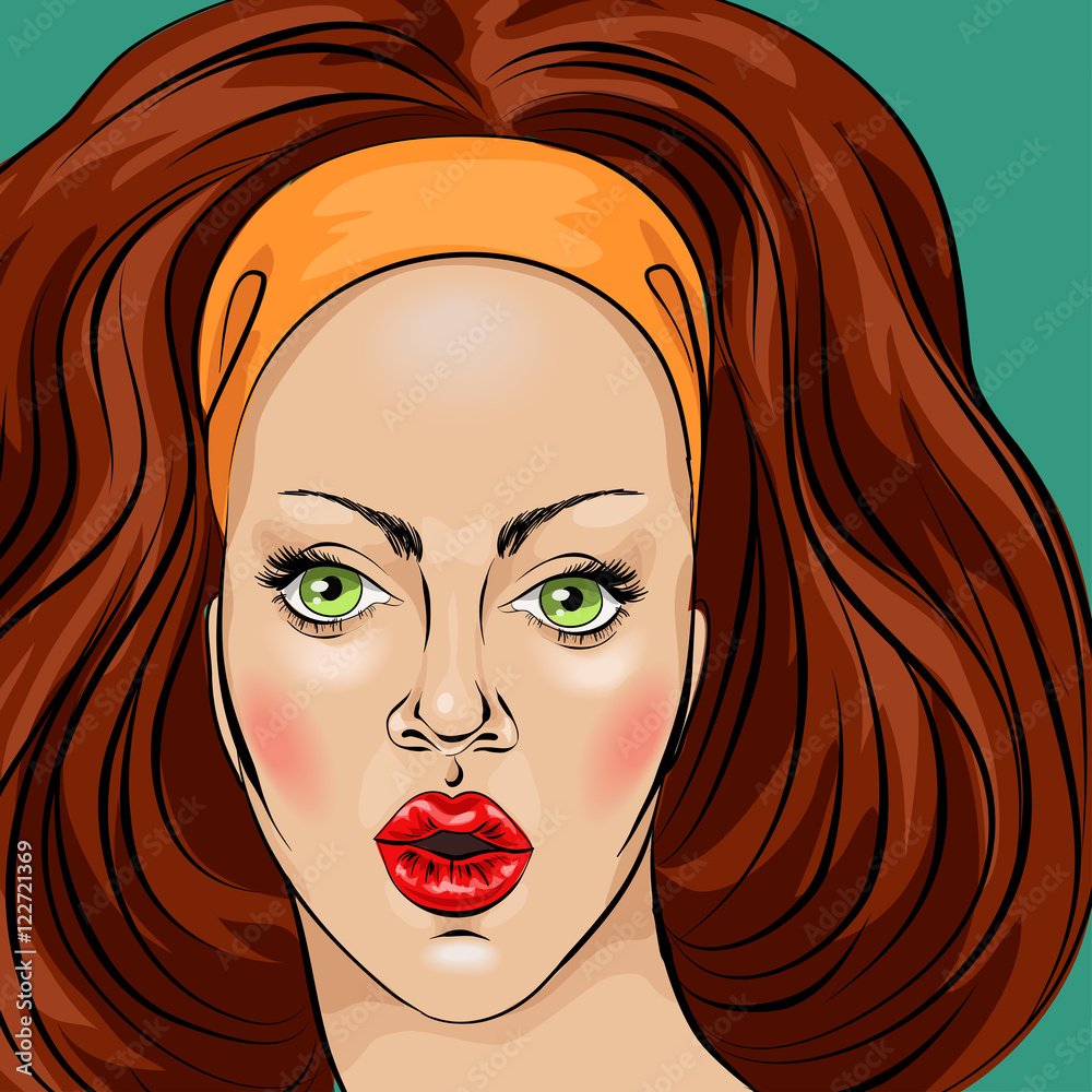 Surprised shocked young woman's face close-up in the style of pop art ...