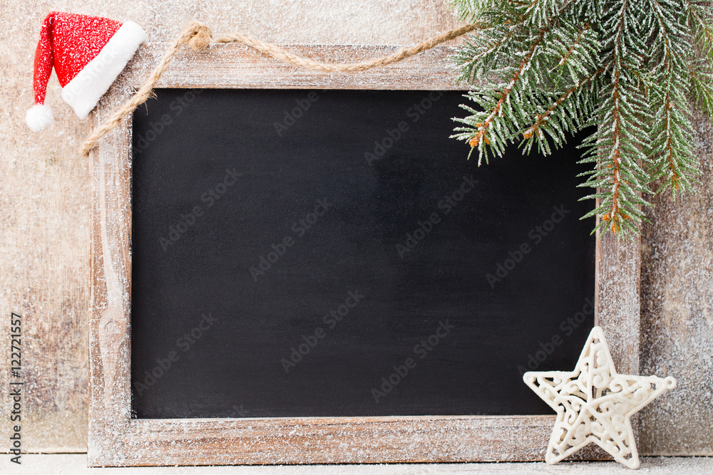 Christmas chalkboard with decoration. Santa hat, stars, Wooden Stock ...