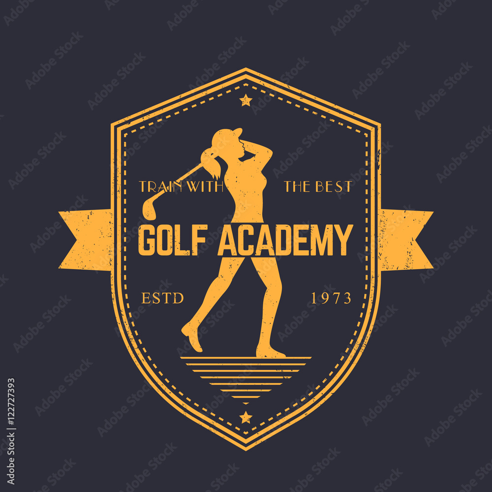 Golf Academy vintage emblem, logo with female golfer with golf club ...