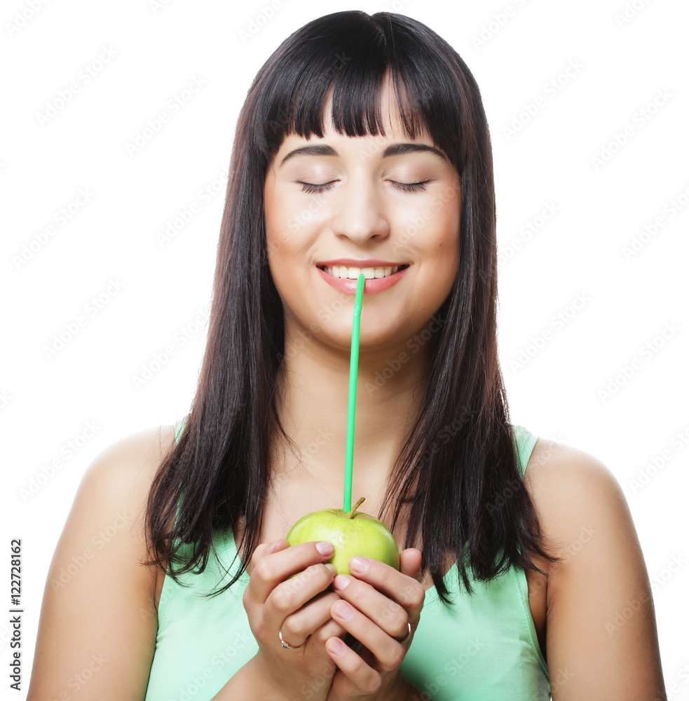 Beautiful woman drinking juice with straw Stock Photo | Adobe Stock