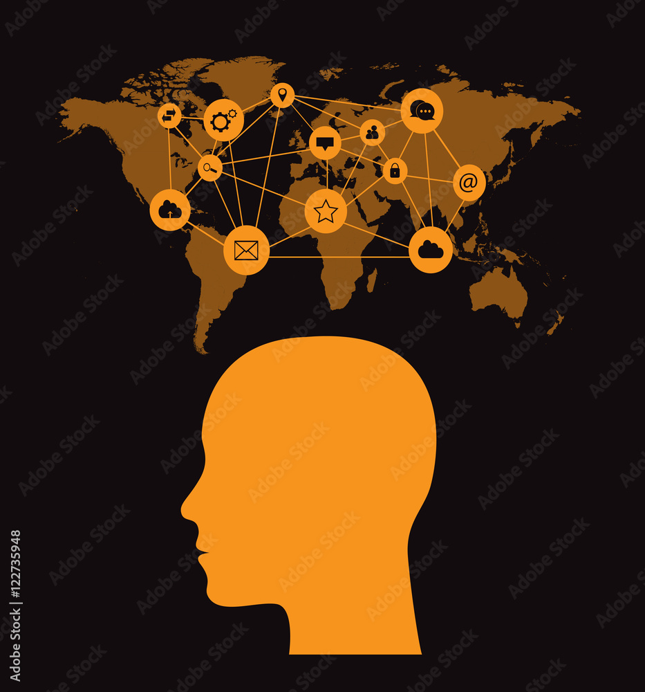 Flat human head with social media icons network and World map orange ...
