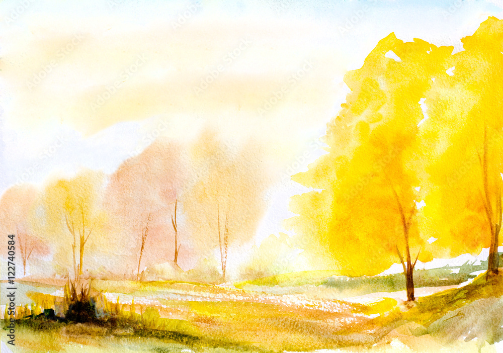 autumn yellow trees natural landscape hand painted with watercolor ...