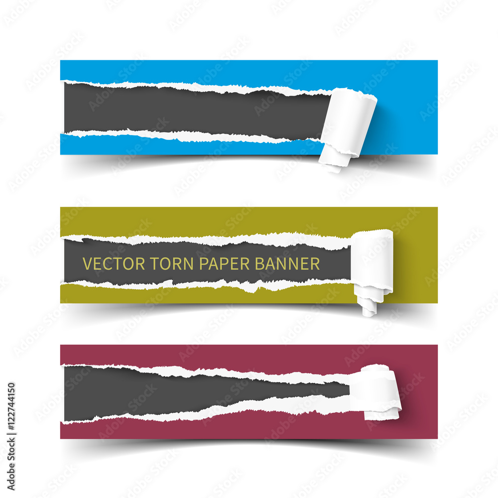 Set of three vector torn paper banners with paper rolls. Color ripped ...