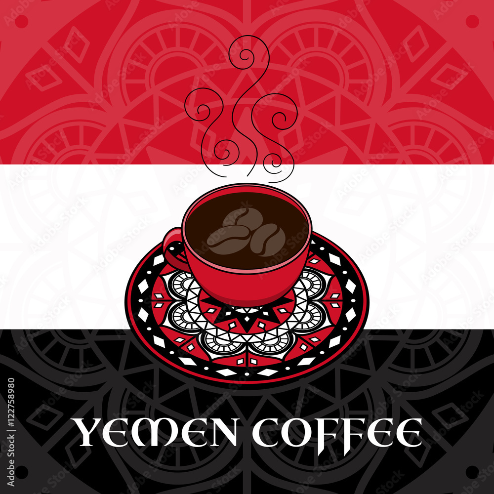 Yemen coffee illustration vector. Coffee cup with ornamental plate on ...