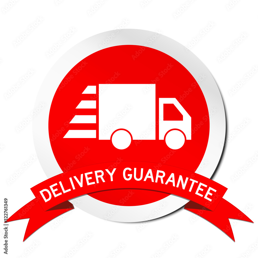 Red sticker of Delivery guarantee and truck icon on white backgro Stock ...
