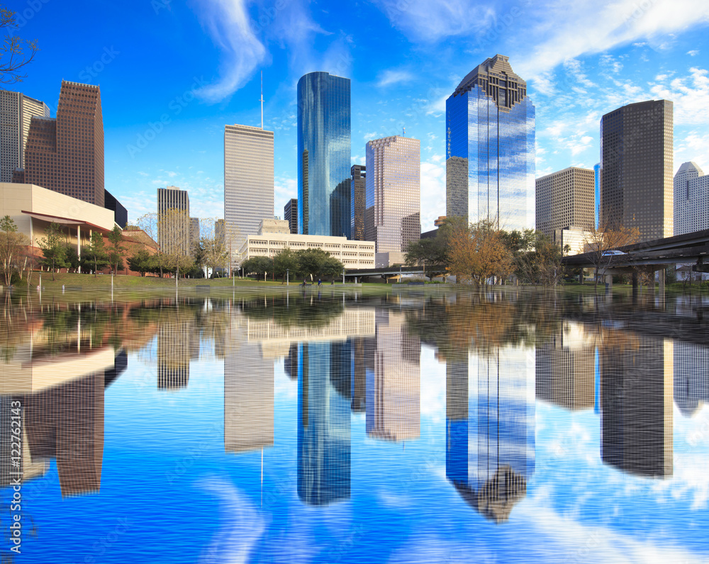 Houston Texas Skyline with modern skyscrapers and blue sky view, water ...