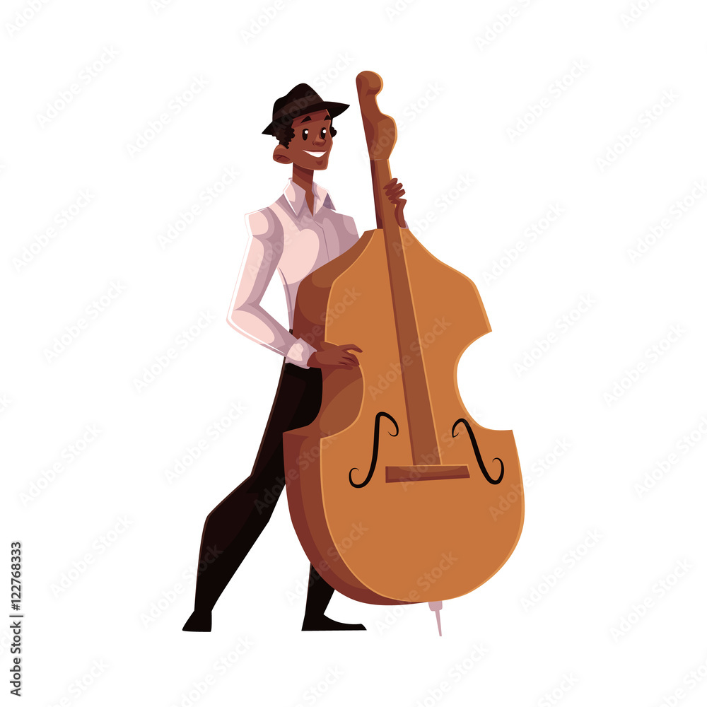 Young African American male contrabass player, cartoon vector ...