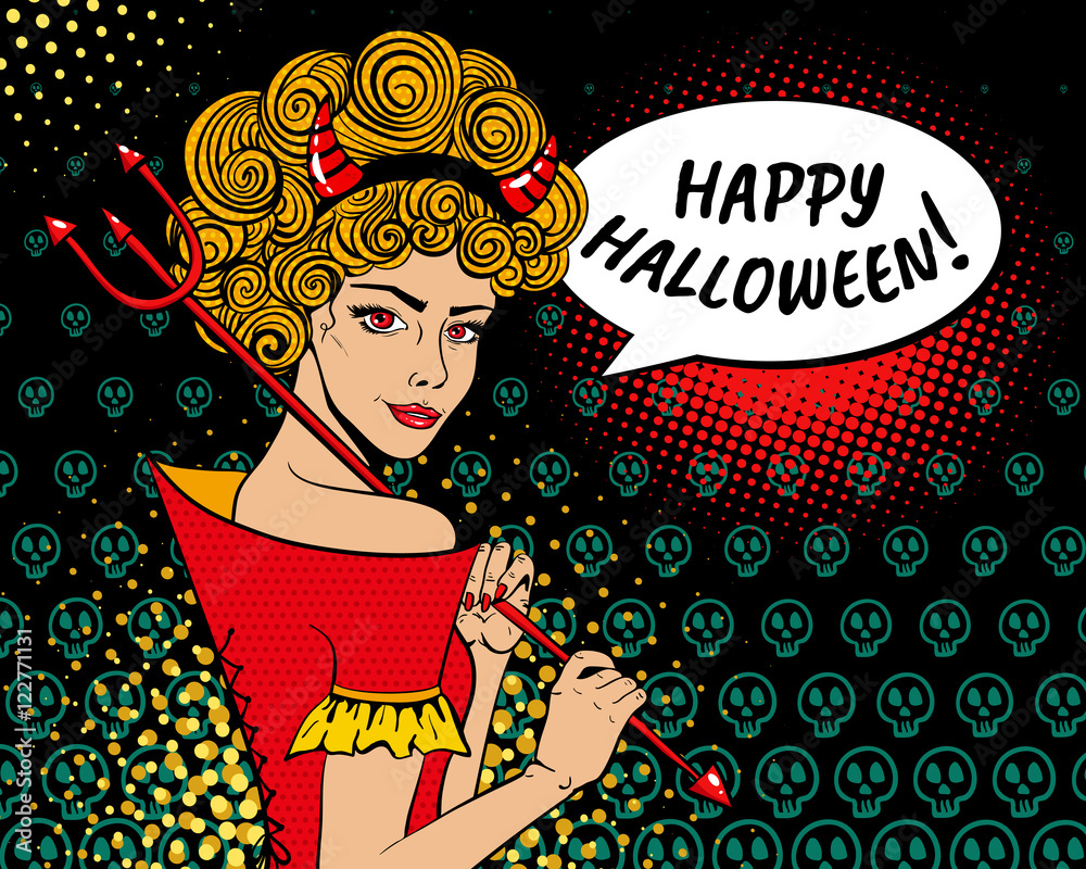 Happy Halloween Sexy Surprised Devil Woman Ginger Curly Hair Red Horns Trident And Speech
