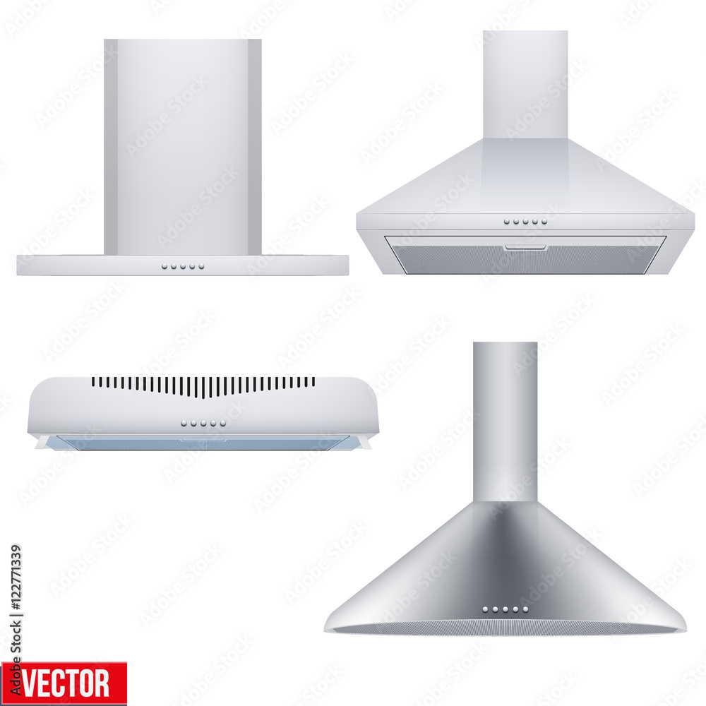 Set of different Kitchen range hoods. Front view. Domestic equipment ...