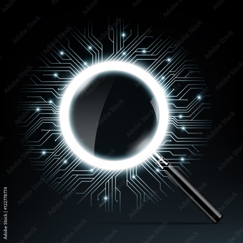 Magnifying glass vector illustration and vector microchip designs, CPU ...