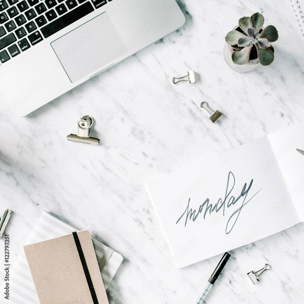 Word monday. Flat lay, top view office table desk. Workspace with ...