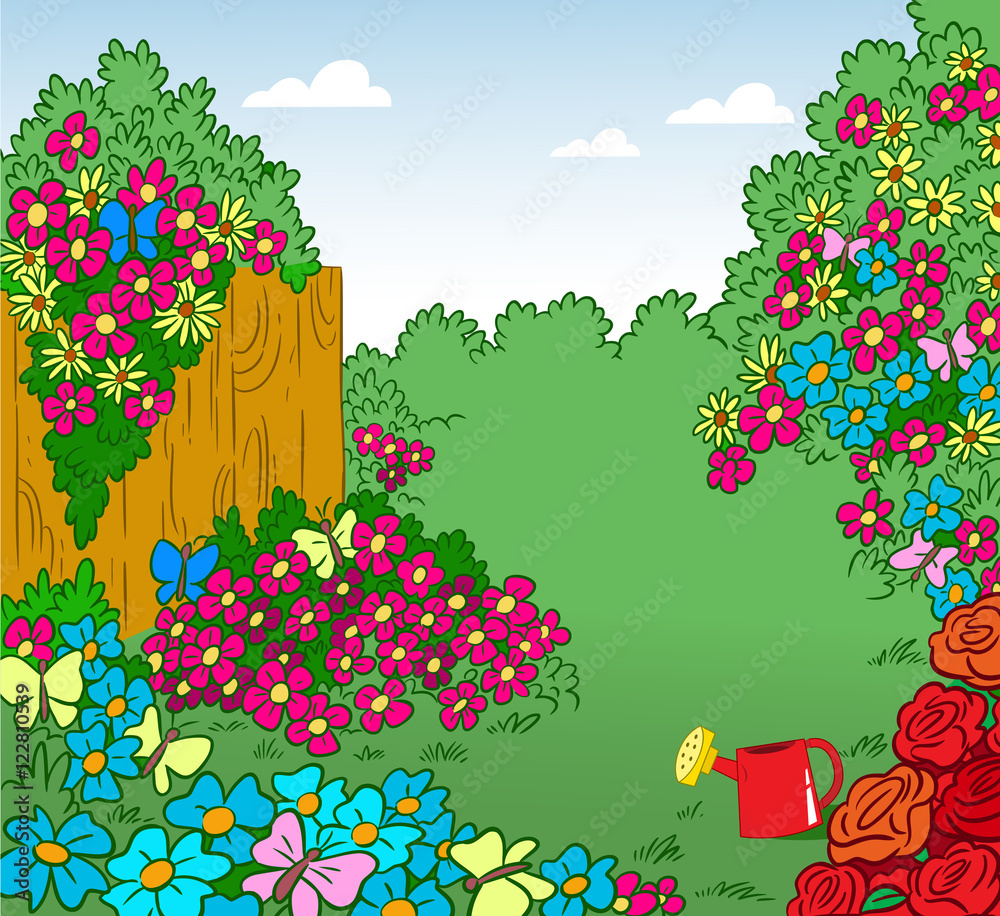 The illustration shows the cartoon garden with lots of different ...