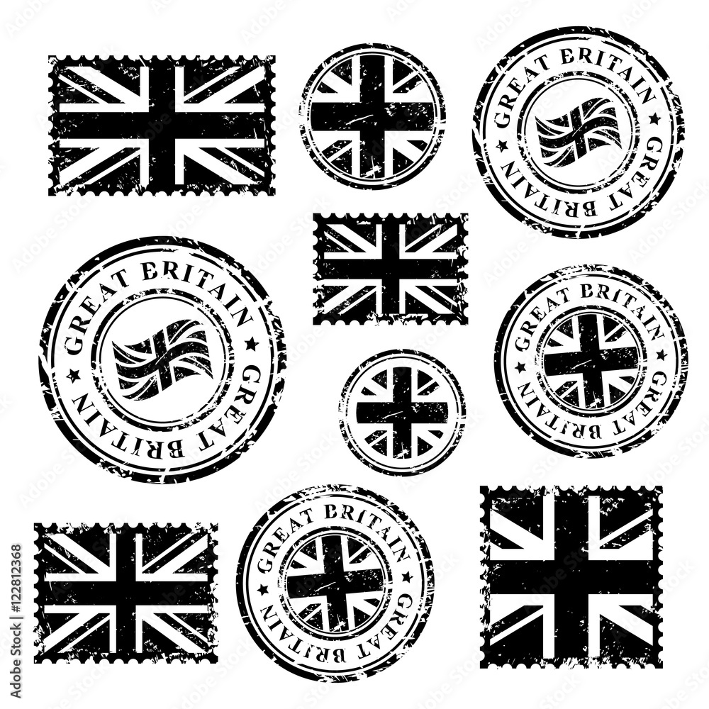Great Britain grunge postal stamps and postmarks with British flag, set ...