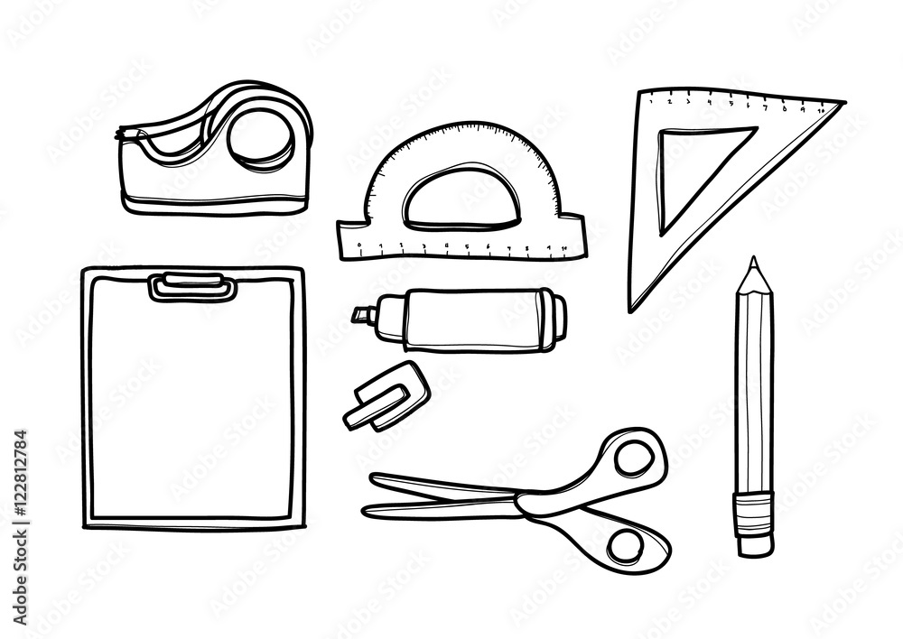 vector office supplies hand drawn line art cute illustration.jpg Stock ...