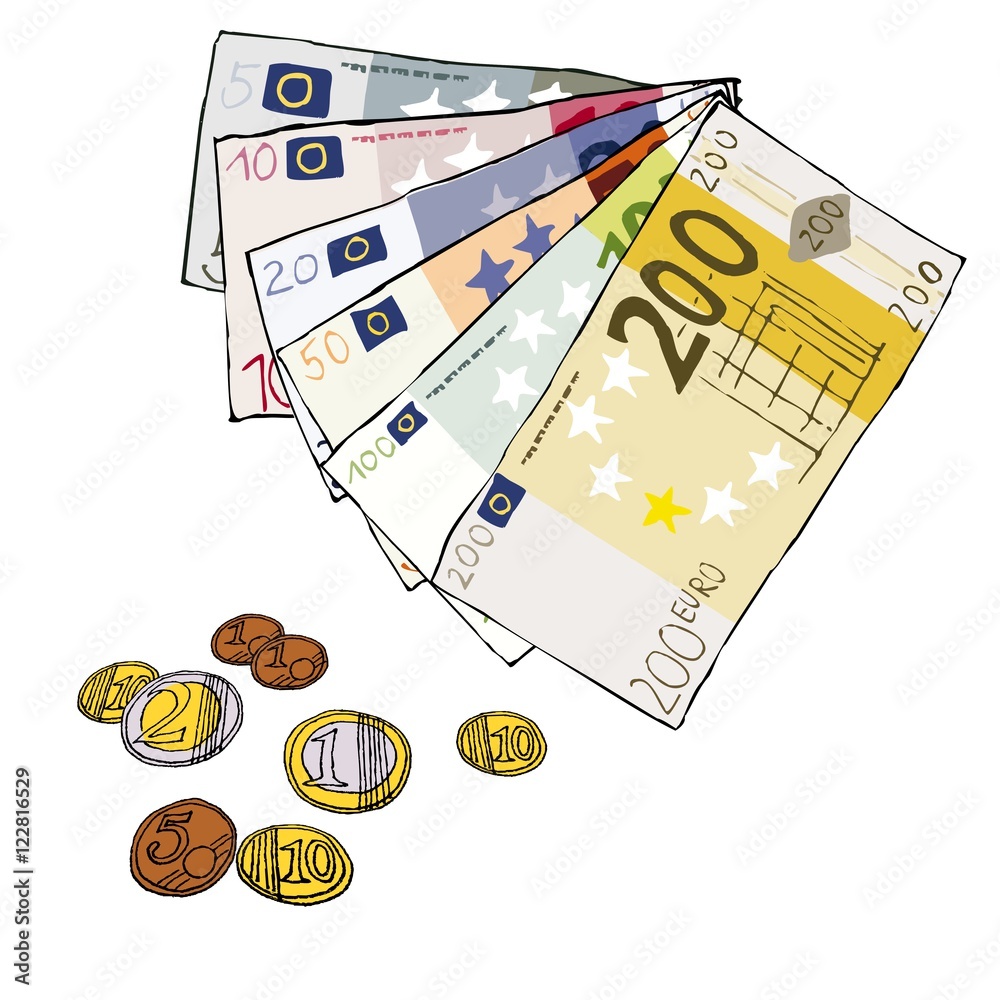 Wechselgeld Bargeld Scheine Münzen Euro - Comic von Hand gezeichnet ...