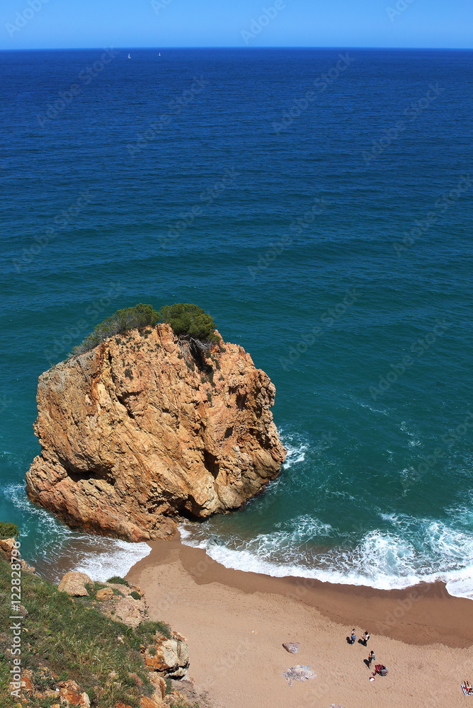 Aerial view of "La Roca Roja" beach in "La Costa Brava" region. This is ...
