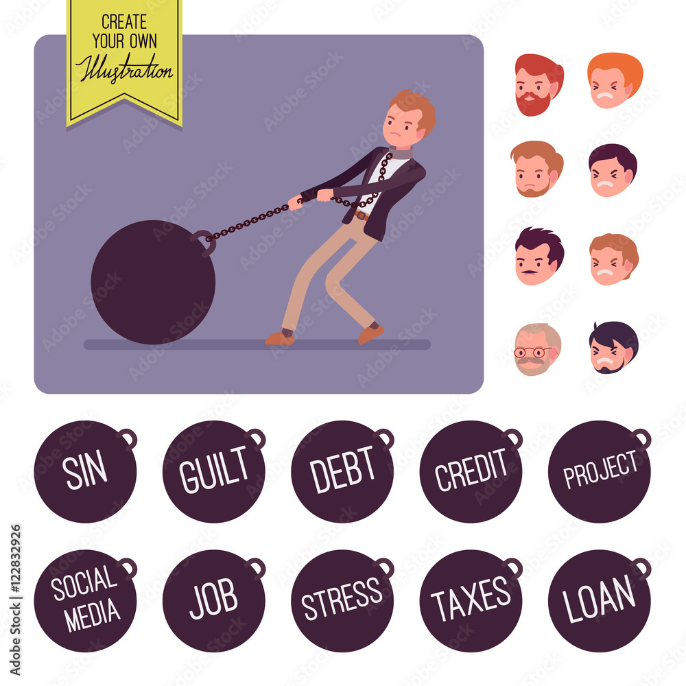 Businessman dragging a giant heavy weight on a chain. Build your own ...