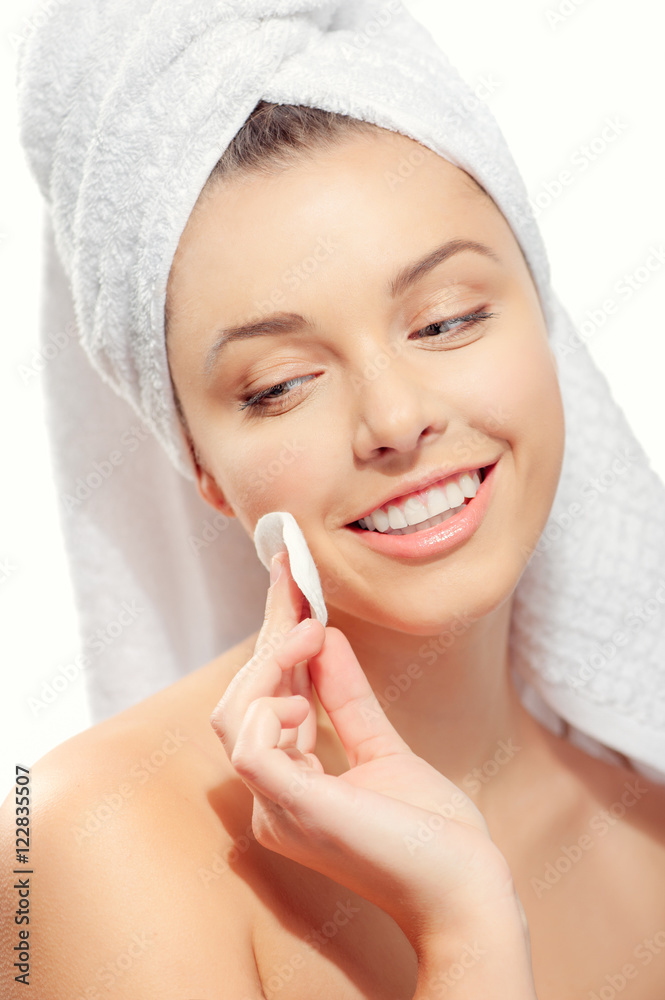 skin care woman removing face makeup with cotton swab pad - skin care ...