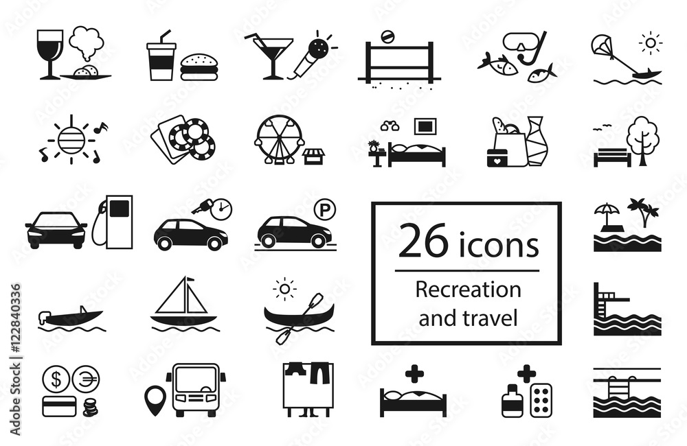 Vector set of recreation icons. Different types of holiday activities ...