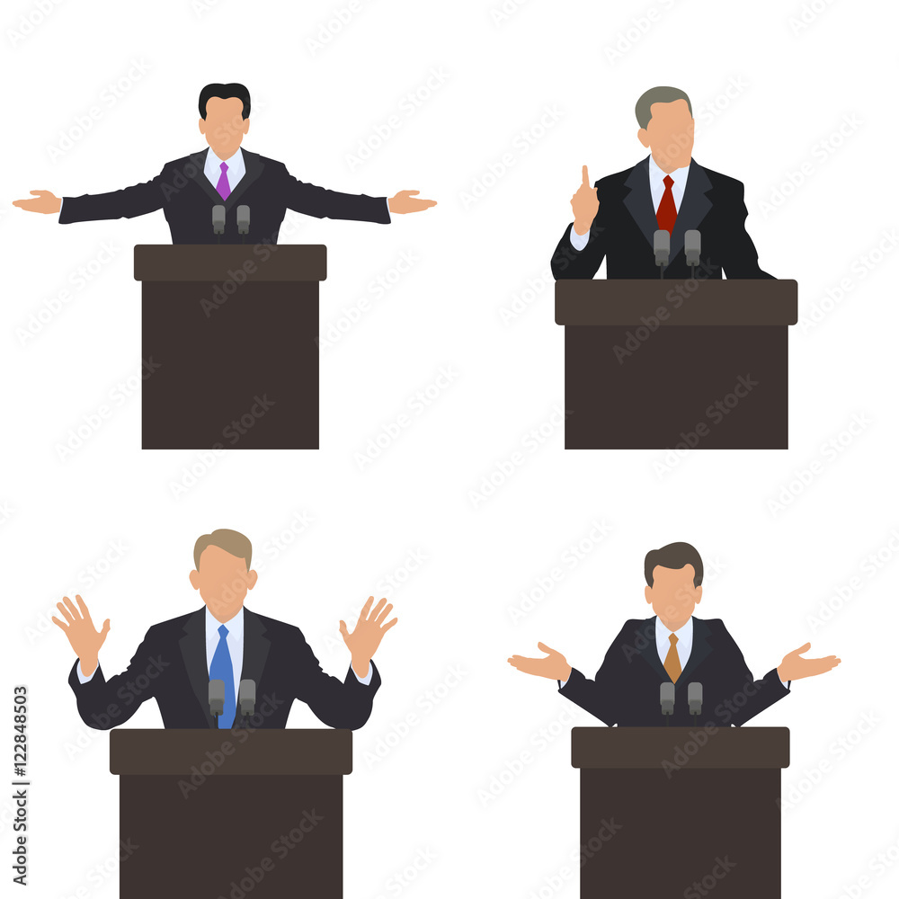 He stands in front of an audience gestures. Set of different poses ...