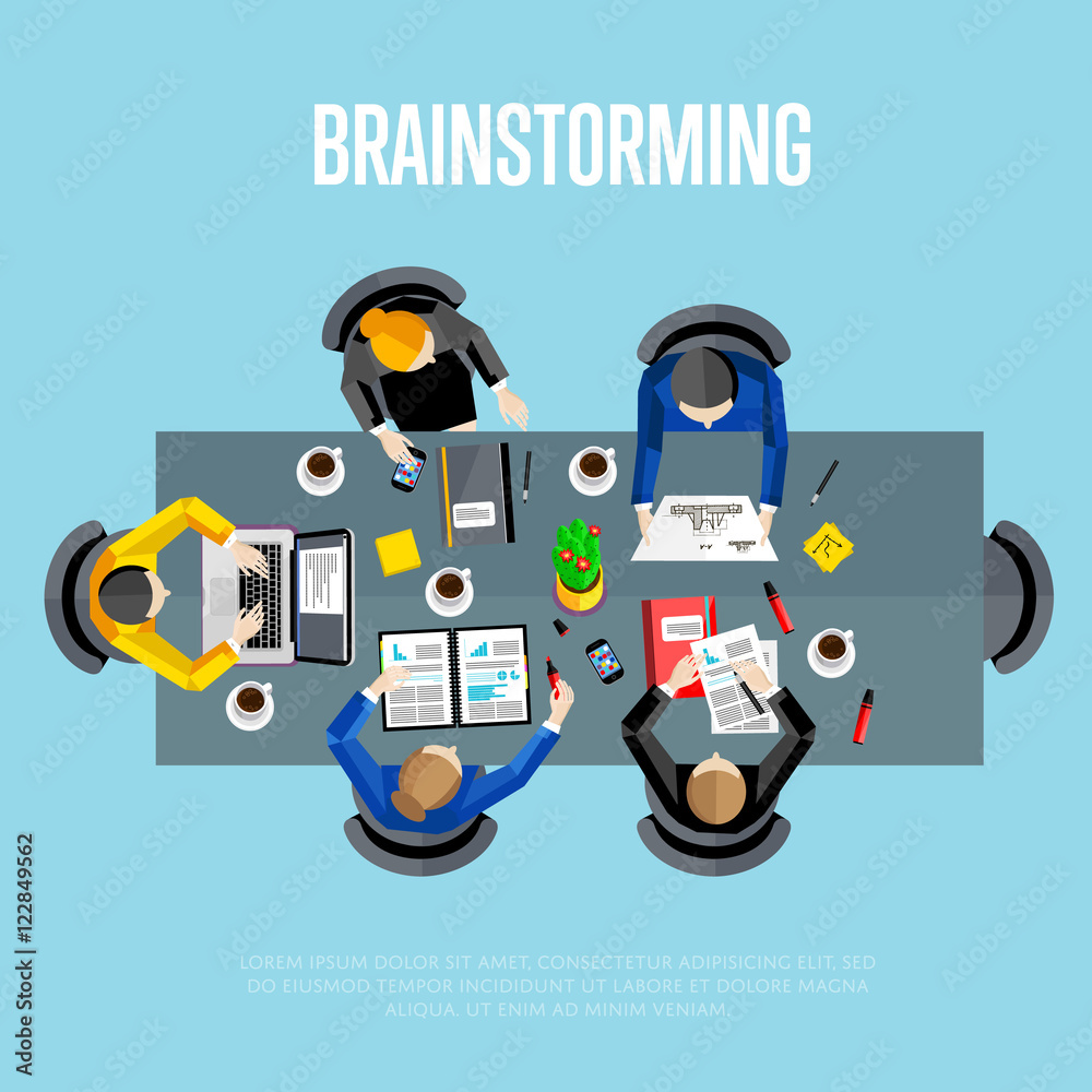 Brainstorming concept. Workspace background, vector illustration. Top ...