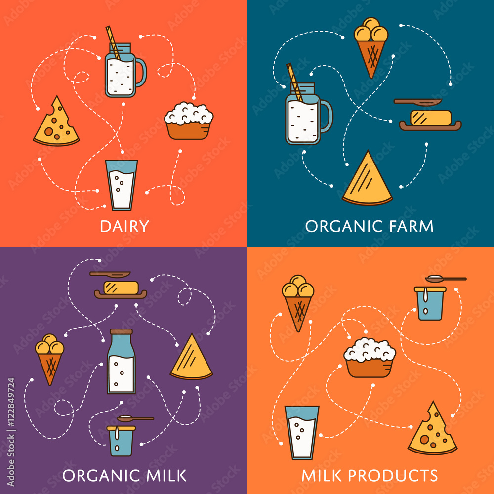 Four dairy banners with different milk products compositions isolated ...