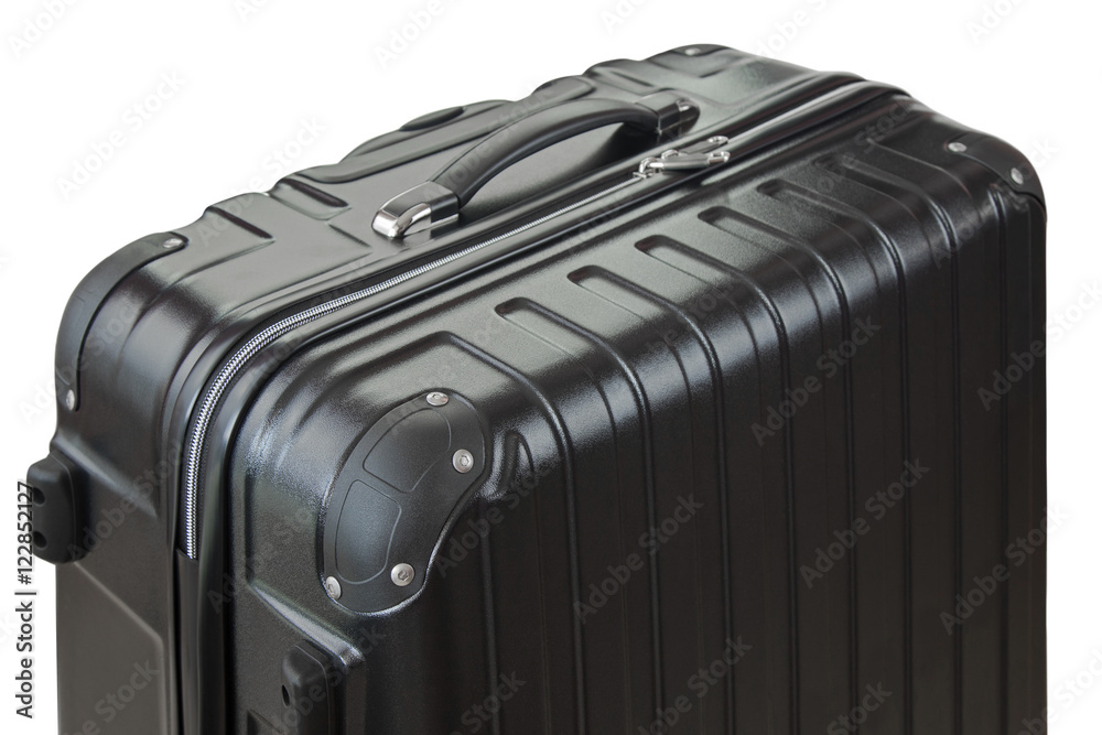 Side view of a big lightweight hard shelled suitcase focus of bumper ...