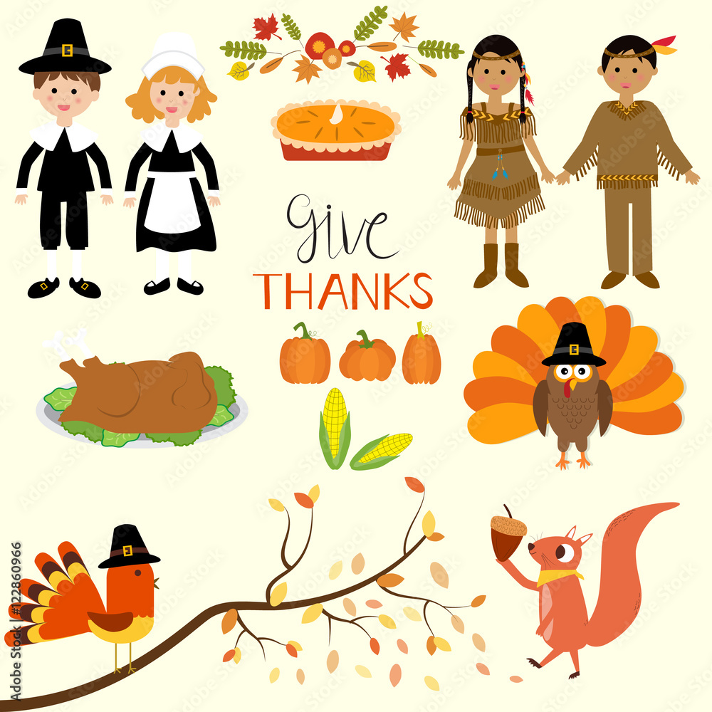 Happy Thanks giving with pilgrim and red indian costume childre vector ...