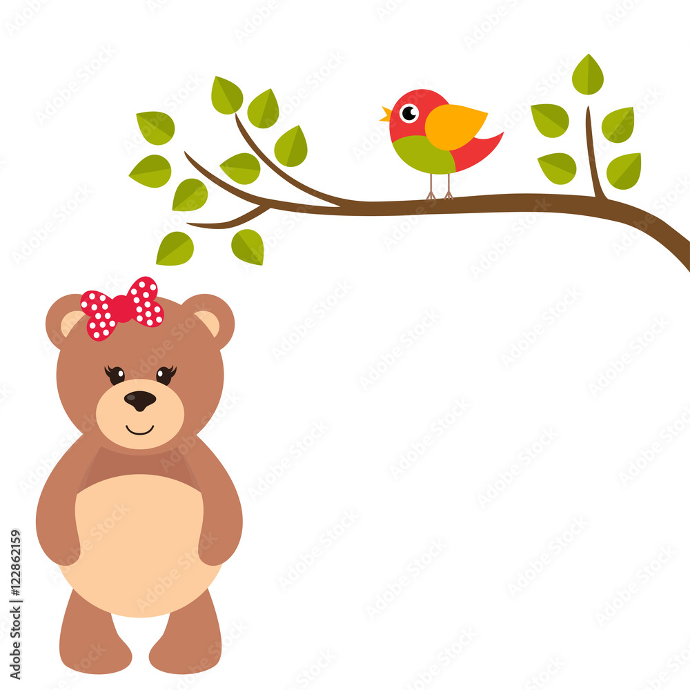 cartoon birds on a branch and teddy Stock Vector | Adobe Stock