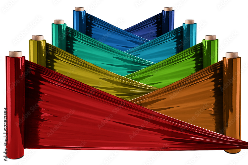 Roll of colorful wrapping plastic stretch foli. Isolated on white ...