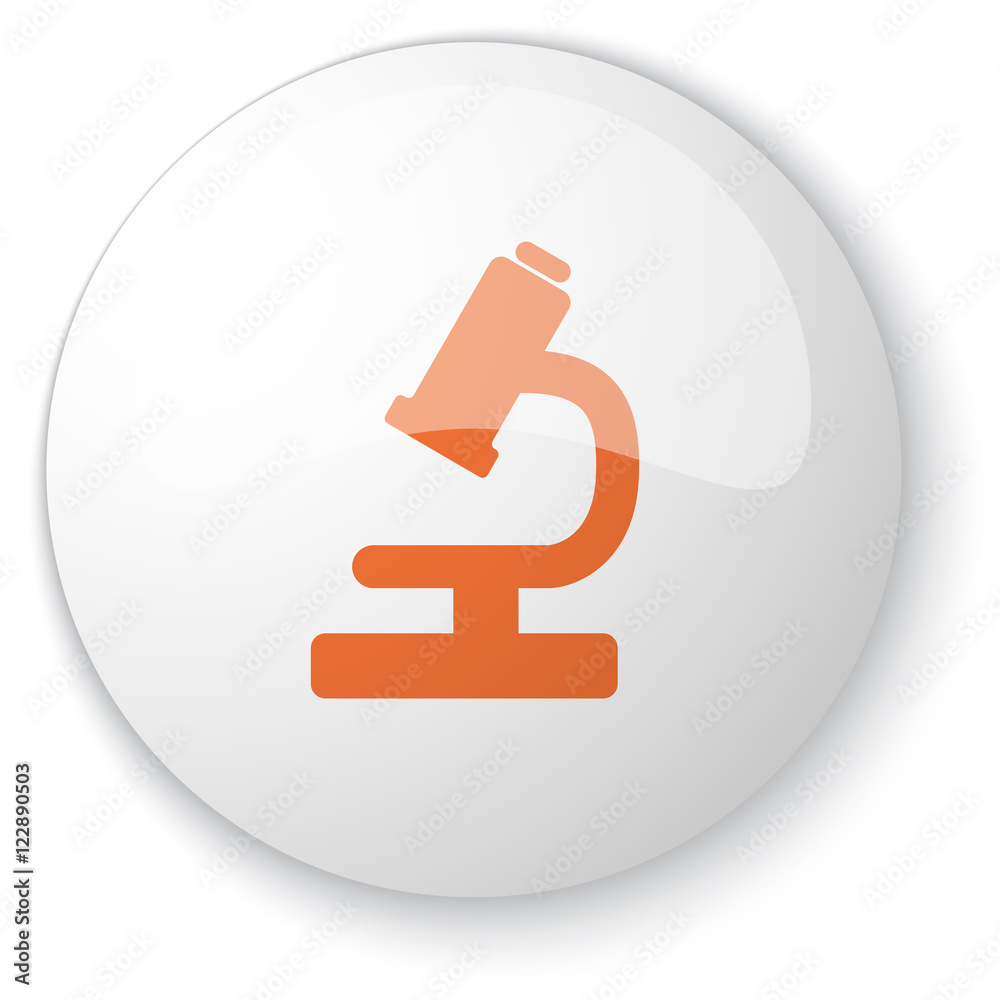 Glossy white web button with orange Microscope icon on white bac Stock ...