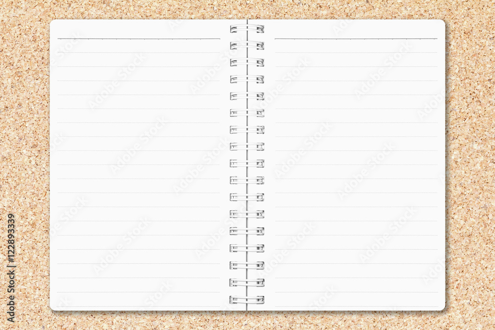 Open notebook paper with line on cork board background for design with ...
