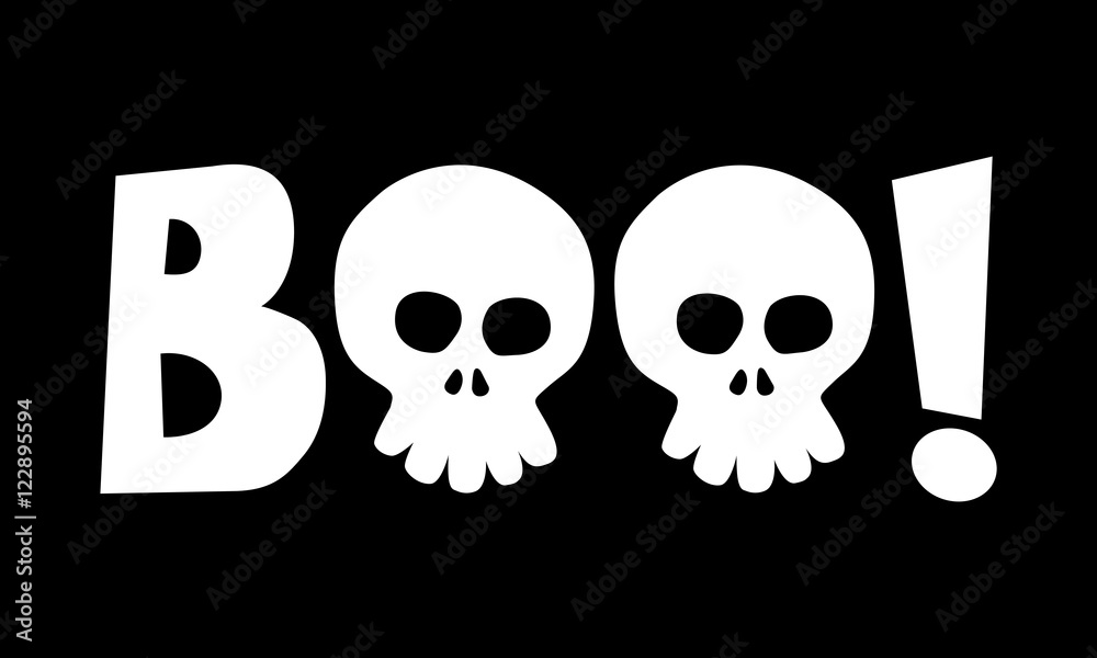 Icono plano texto BOO! con craneos sobre fondo negro Stock Vector ...