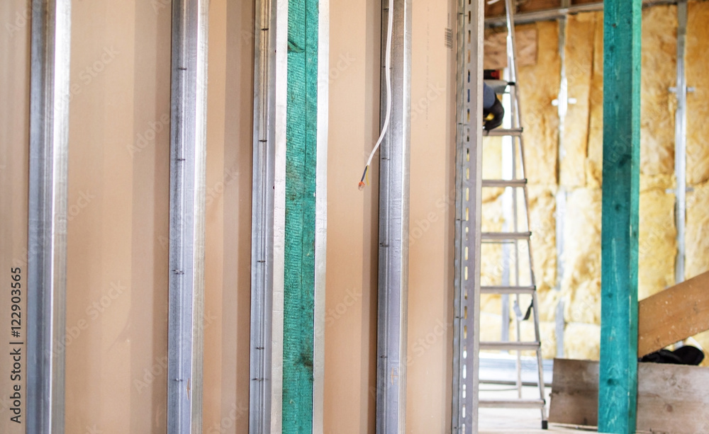 Installation of drywall constructions with metal profiles Stock Photo ...