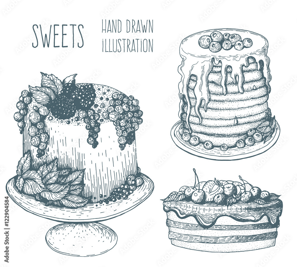 Hand drawn cakes collection isolated on white. Linear drawn vector ...