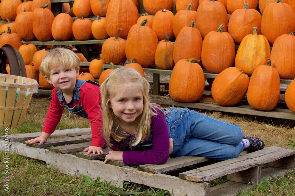 adorable brother and sister siblings sitting with pumpkins at farm in ...