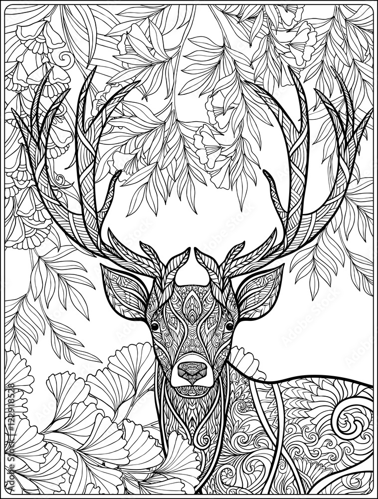 Coloring page with deer in forest. Stock Vector | Adobe Stock
