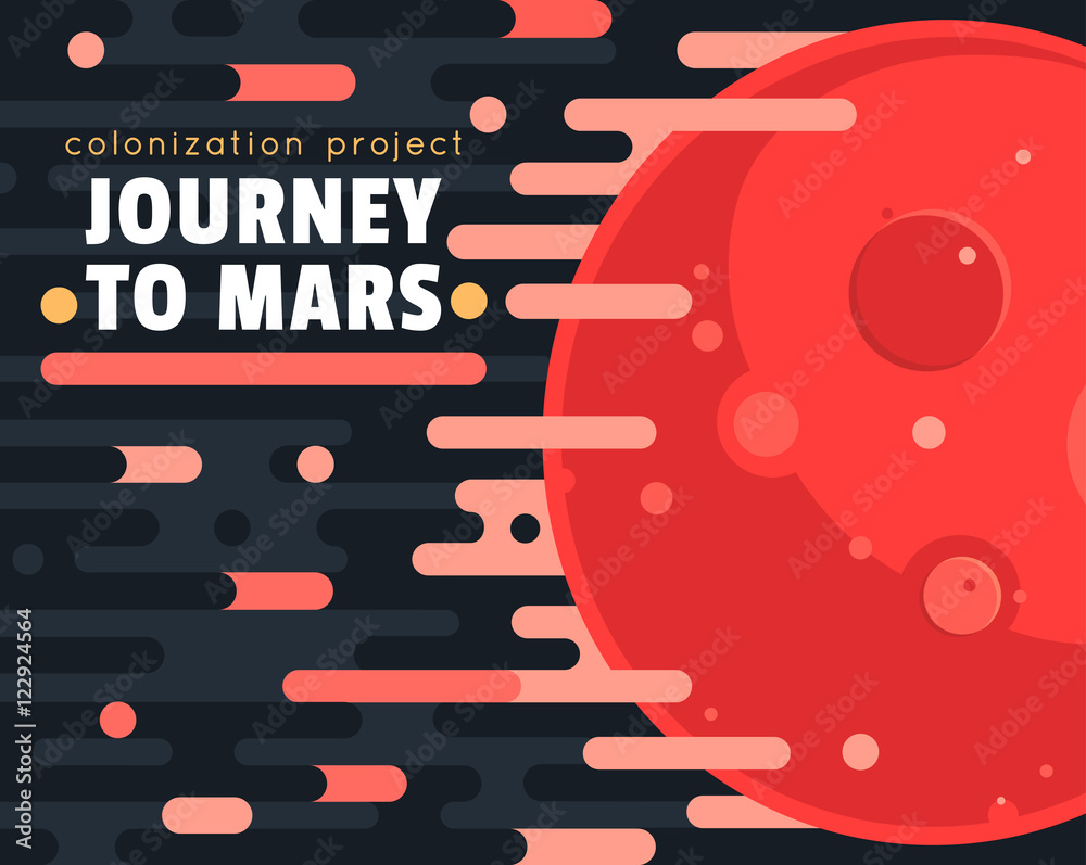 Mars colonization project poster with red planet and clouds in flat ...