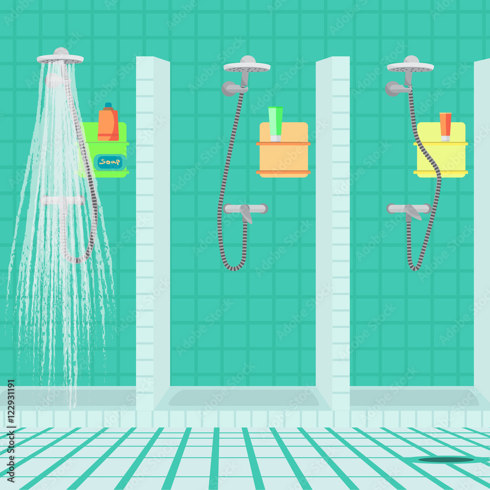Interior of the shower room at the sports club. Public showers a Stock ...