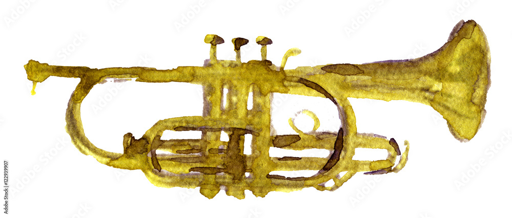 watercolor sketch of gold trumpet on white background Stock ...